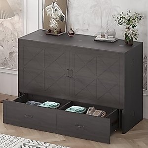 Mjkone Murphy Bed Cabinet Queen with Foldable High Elasticity Mattress, Cube Cabinet Bed with USB Charging Station, Solid Wood Chest Bed for Bedroom Guest Room Office (Gray, Cabinet Bed A)