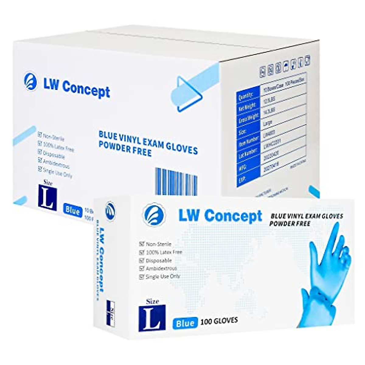 LW Concept Blue Vinyl Exam Gloves for Medical/Food Safe/Cleaning/Handling Use Multipurpose Latex & Powder Free, 4.5 mil (LW4003, Large)
