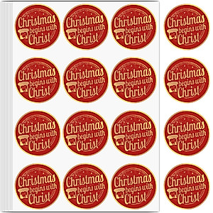 Christmas Stickers 300 Pieces 2 Inches Seals Sticker Round Foil Stamping Labels Christmas Begins with Christ Decals Self-Adhesive White Red Christmas Tags for Cards Envelopes Boxes