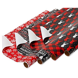 American Greetings Christmas Wrapping Paper Set with Cut Lines, Red, Black and White, Plaid, Reindeer and Snowflakes (4 Rolls, 7 Bows, 30 Gift Tags, 120 sq. ft.)