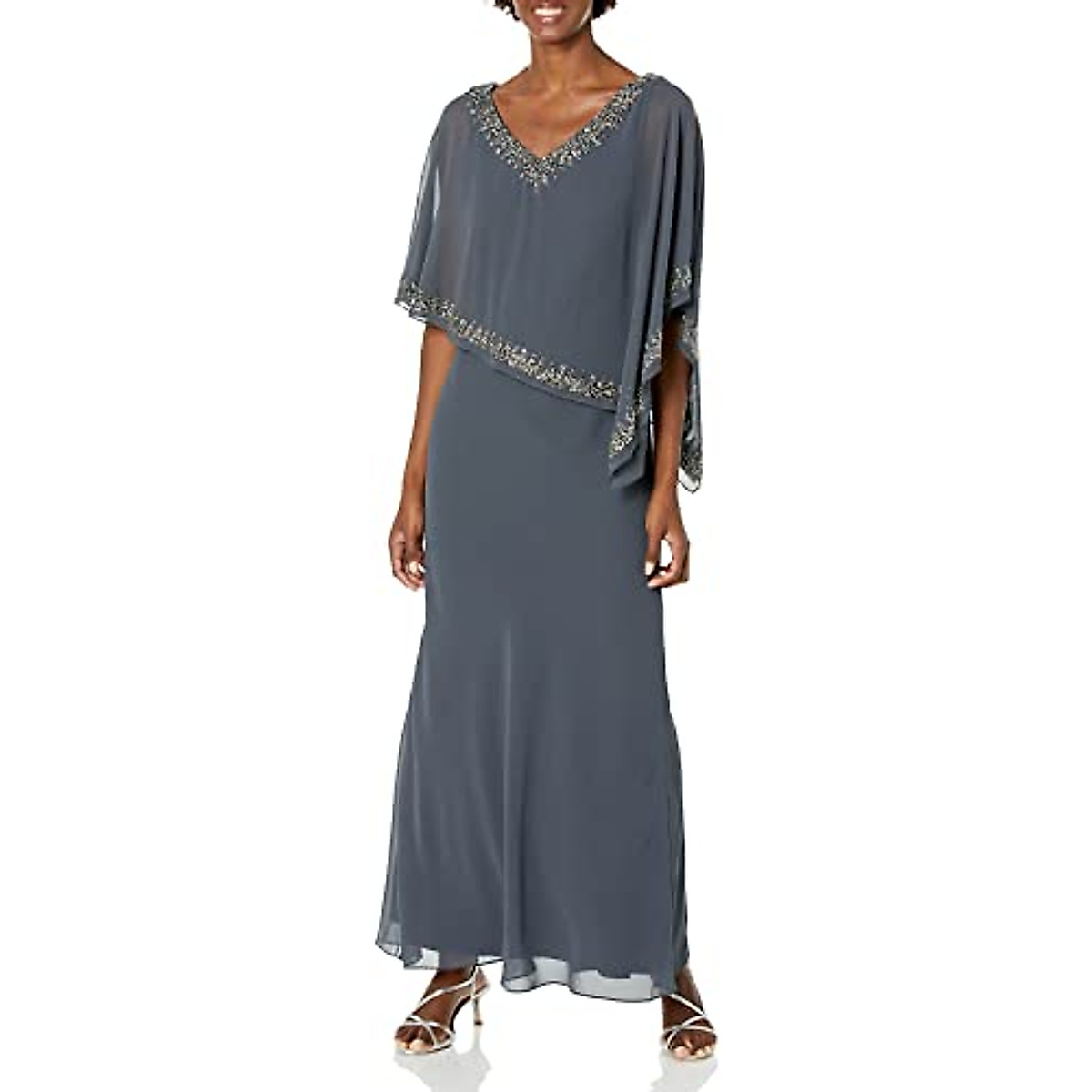 J Kara Women's Plus Size Embellished Overlay Gown, Grey Multi, 18W