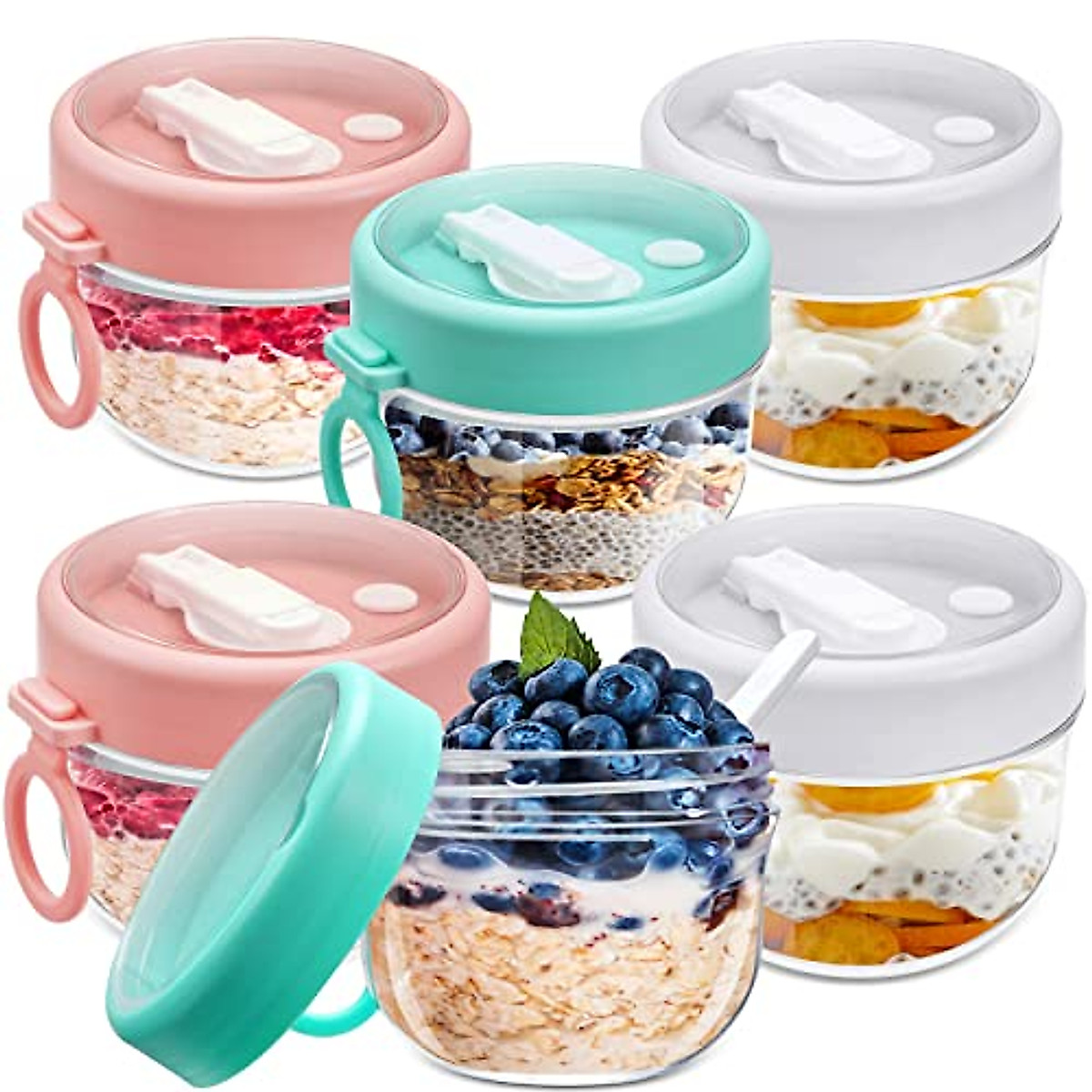 6 Pcs Overnight Oats Containers with Lids and Spoons 20 Oz Plastic Yogurt Leakproof Oatmeal Salad Jars with Lids Smoothie Prep Containers Cups for Food Storage, 3 Colors