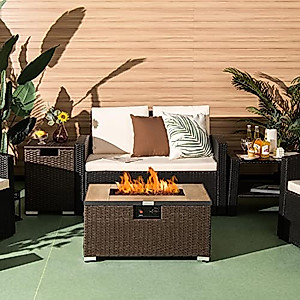 Propane Fire Pit Table-32 Inch x 20 Inch Propane Rattan Fire Pit Table Set with Side Table Tank and Cover
