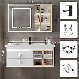 ZGNBSD Floating Bathroom Vanity with Sink - Modern Bathroom Vanity Contains Smart LED Defog Mirror | Solid Wood Freestanding Bathroom Vanity (White, 44'')