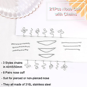 PunkTracker Fake Nose Rings for Women and Men with Chain - Stainless Steel Nose Cuffs Non Pierced African Gold Fake Nose Piercings Jewelry for Teen