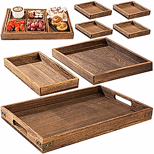 Rustic Wooden Serving Trays with Handle - Set of 7 - Large/Medium/Small/Mini-Nesting Multipurpose Trays - for Breakfast, Coffee Table/Butler & More