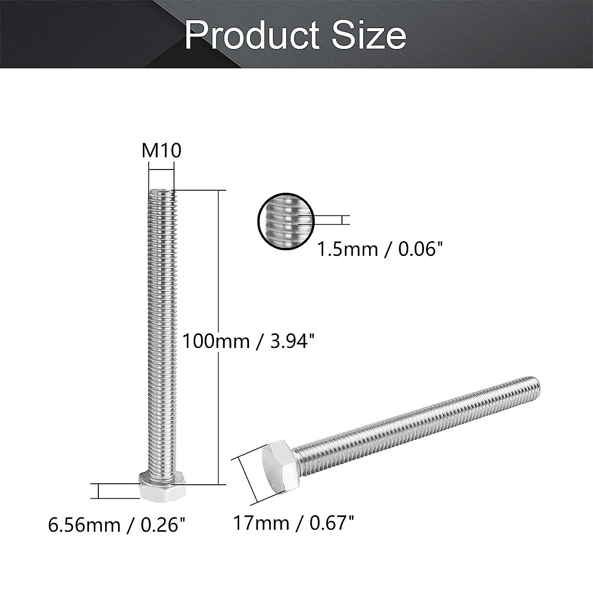 MroMax 4Pcs M10 x 100mm Hex Head Screws Bolts, 304 Stainless Steel 18-8, Fully Threaded, External Hex Drive, for Mounting Chair, Handles, Rail, Pump, Wheels, Antenna Parts, Boat and Plastic Bumpers