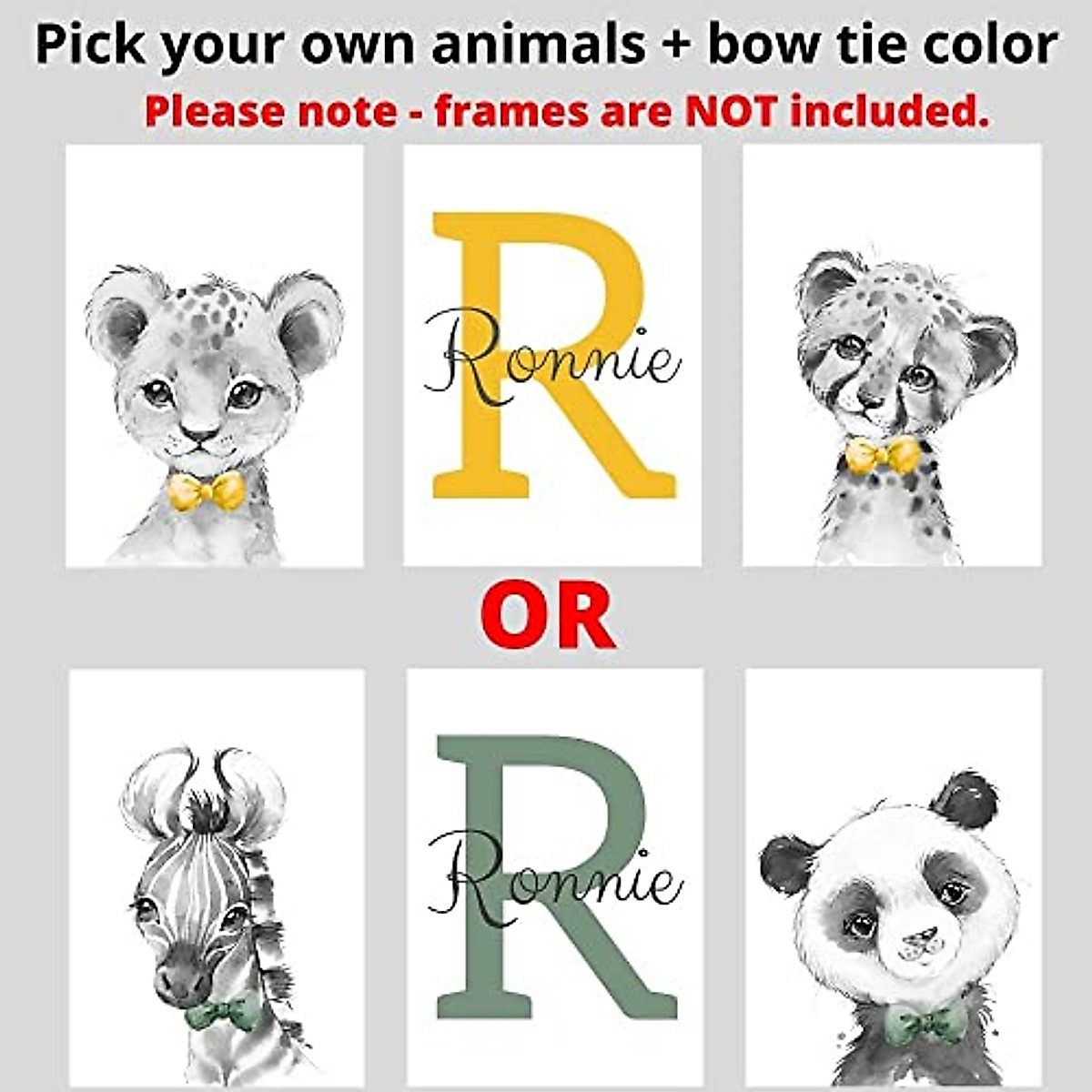 Personalized Safari Animals for Baby Boys Nursery Bedroom Unframed set of 3 Poster Prints, Personalized Name Blue Green Yellow Bow Tie Wall Art Decor New Baby Gift Present, Elephant Giraffe Lion Zebra (8x10)