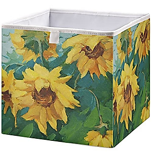 visesunny Closet Baskets Oli Painting Sunflower with Green Leaf Storage Bins Fabric Baskets for Organizing Shelves Foldable Storage Cube Bins for Clothes, Toys, Baby Toiletry, Office Supply