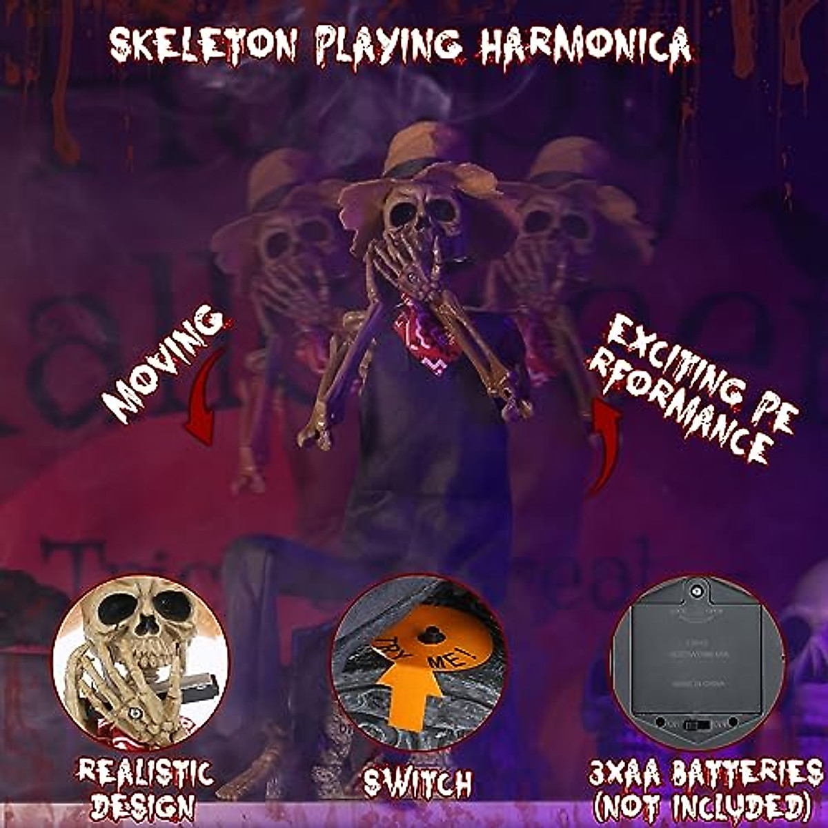 GOLDFENG Halloween Decorations Indoor Lighted Skeleton, Play Music Harmonica Cowboy Player Funny Skeleton Tabletop Collectible Figurines 12.5" H