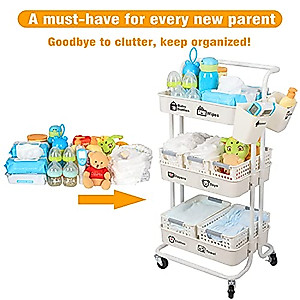 JOLEAD Baby Diaper Caddy Organizer Cart Movable, 3-Tier Sturdy Newborn Nursery Essentials Storage Cart for Changing Tables, with Mesh Baskets Hanging Cups and Sticker, Easy to Assemble