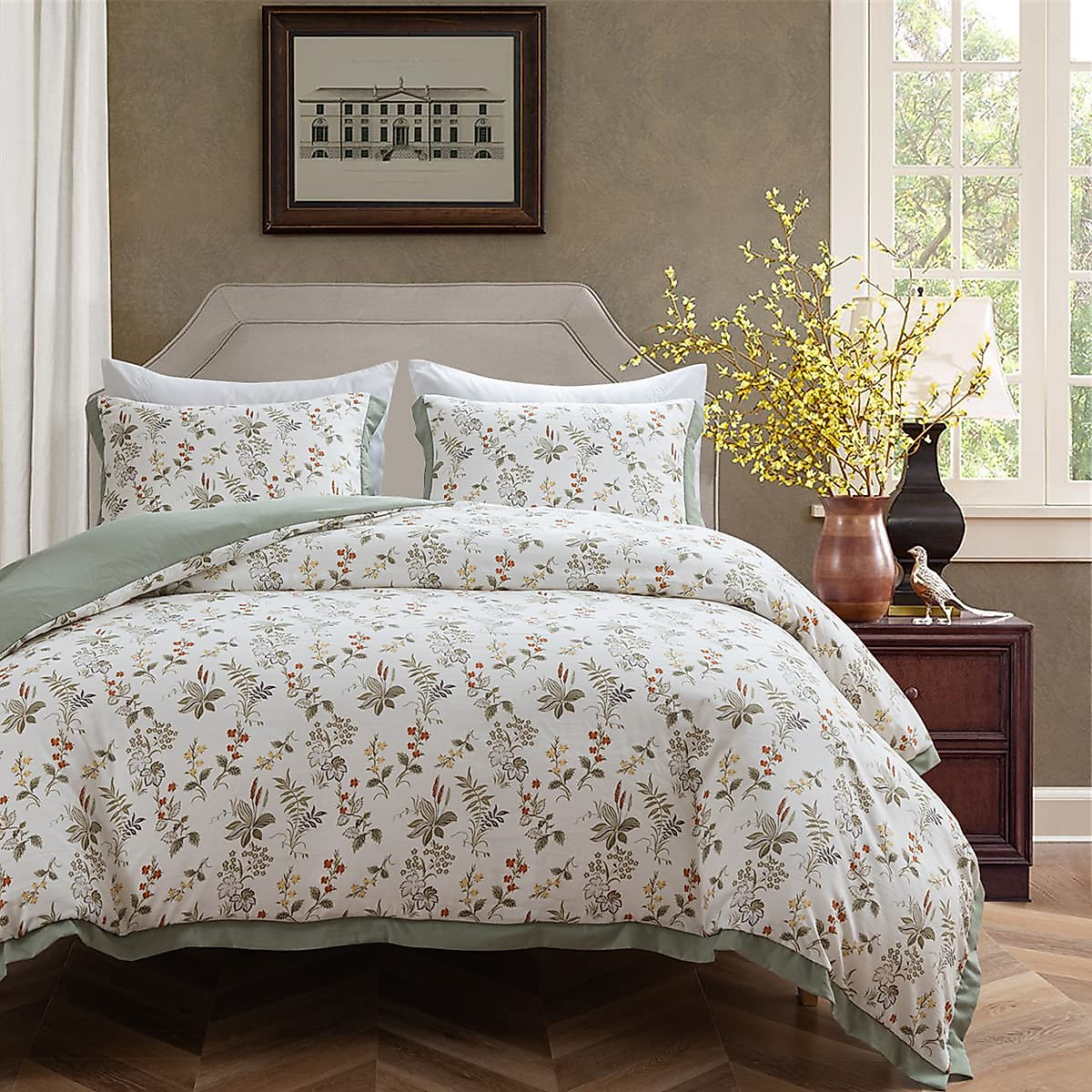 Floral Duvet Cover Queen Size - White Yellow Flowers and Green Leaf Spring Botanical Printed Microfiber Comforter Cover Set - 3PC 90X90 Soft and Lightweight Quilt Cover, Farmhouse Style for Women Men