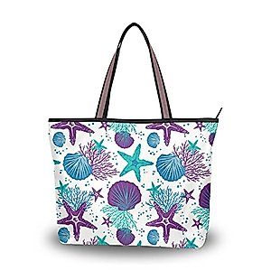 ZENWAWA Starfish Seashell Tote Bag Zipper Large Capacity Women Grocery Bag Purse Shoulder Bag 2 Sizes