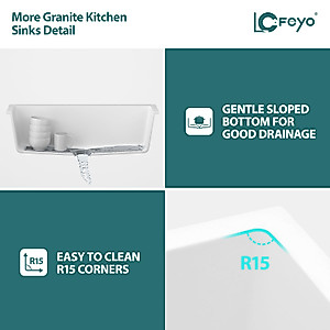Lofeyo 33 Inch White Granite Composite Quartz Undermount Single Bowl Kitchen Sink Under Counter Contemporary Kitchen Deep Sink Basin 33"x19"