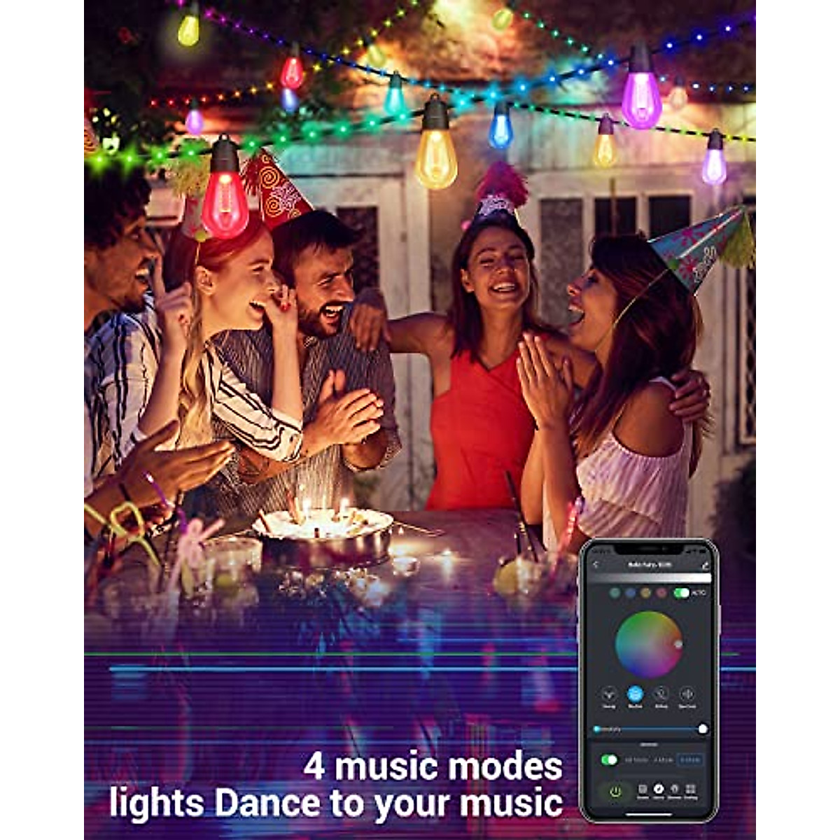 RGB & Warm White 50ft Smart String Lights Outdoor with Rope Fairy, Waterproof Shatterproof Bluetooth APP Remote Control Color Changing Dimmable Patio Lights for Balcony, Backyard, Party, Holiday RGBw