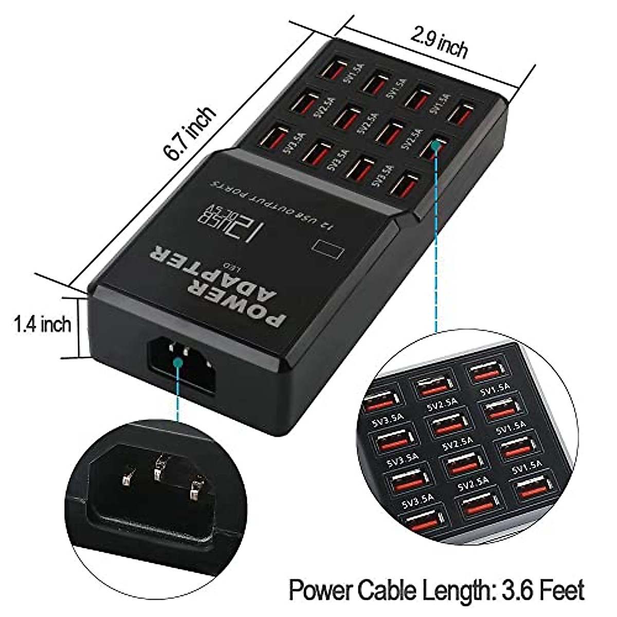 HOKC-N USB Charger, 60W 12-Port, USB Desktop Hub Wall Charger for iPhone, iPod, Galaxy and Other USB Multifunction Devices (Black)