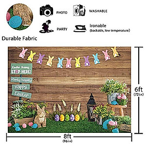 Funnytree 8x6ft Durable Fabric Spring Happy Easter Photography Backdrop No Wrinkles Rustic Wooden Wall Background Bunny Rabbit Eggs Grass Floral Baby Kids Portrait Party Decor Banner Photo Booth