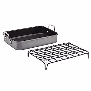 Rachael Ray Brights Hard Anodized Nonstick Roaster / Roasting Pan with Rack - 16 Inch x 12 Inch, Gray