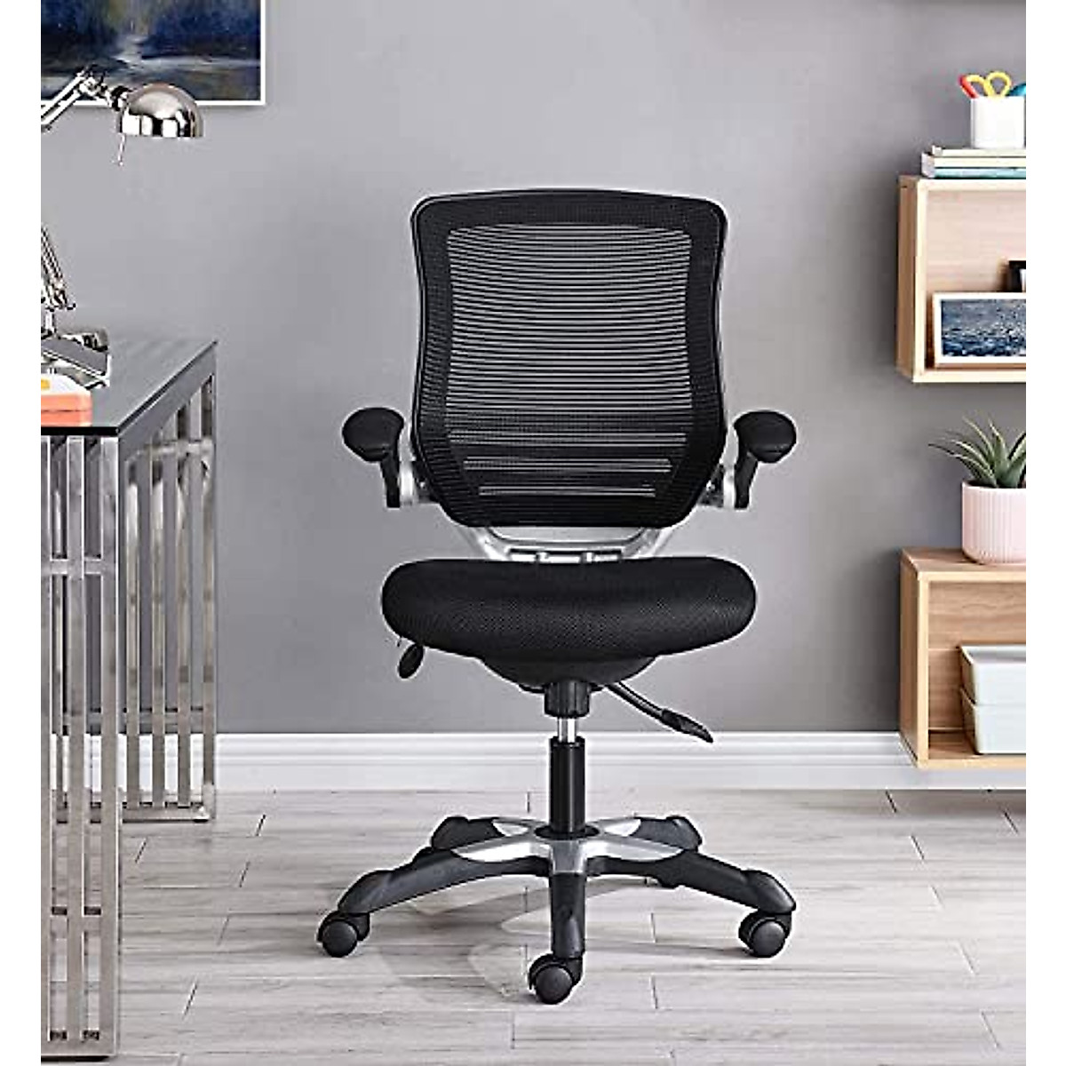 Modway Edge Mesh Back and Mesh Seat Office Chair In Black With Flip-Up Arms in Black