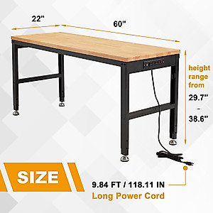 HABUTWAY Height Adjustable Workbench 60" 2000 Lbs Capacity Oak Wood Work Station Heavy-Duty Work Tables with Power Outlets for Garage Party Shop Office