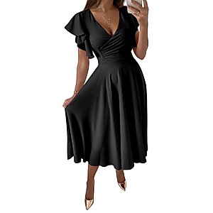 LYANER Women's Deep V Neck Ruffle Short Sleeve Wrap Swing A Line Flared Cocktail Party Midi Dress Black Solid Large