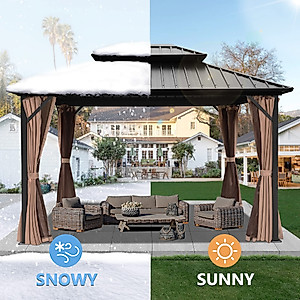 QZEN 10' x 12' Hardtop Gazebo with Netting and Curtains, Double Roof Permanent Metal Gazebo, Aluminum Frame Patio Gazebo for Backyard, Garden, Lawn and Deck