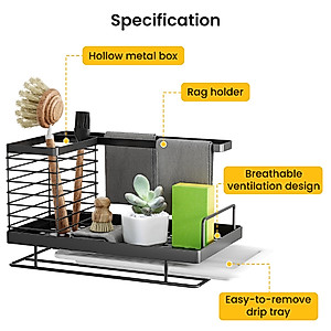 ODesign Large Kitchen Sink Caddy Organizer Sponge Soap Brush Holder with Drain Pan Tray Stainless Steel - Black