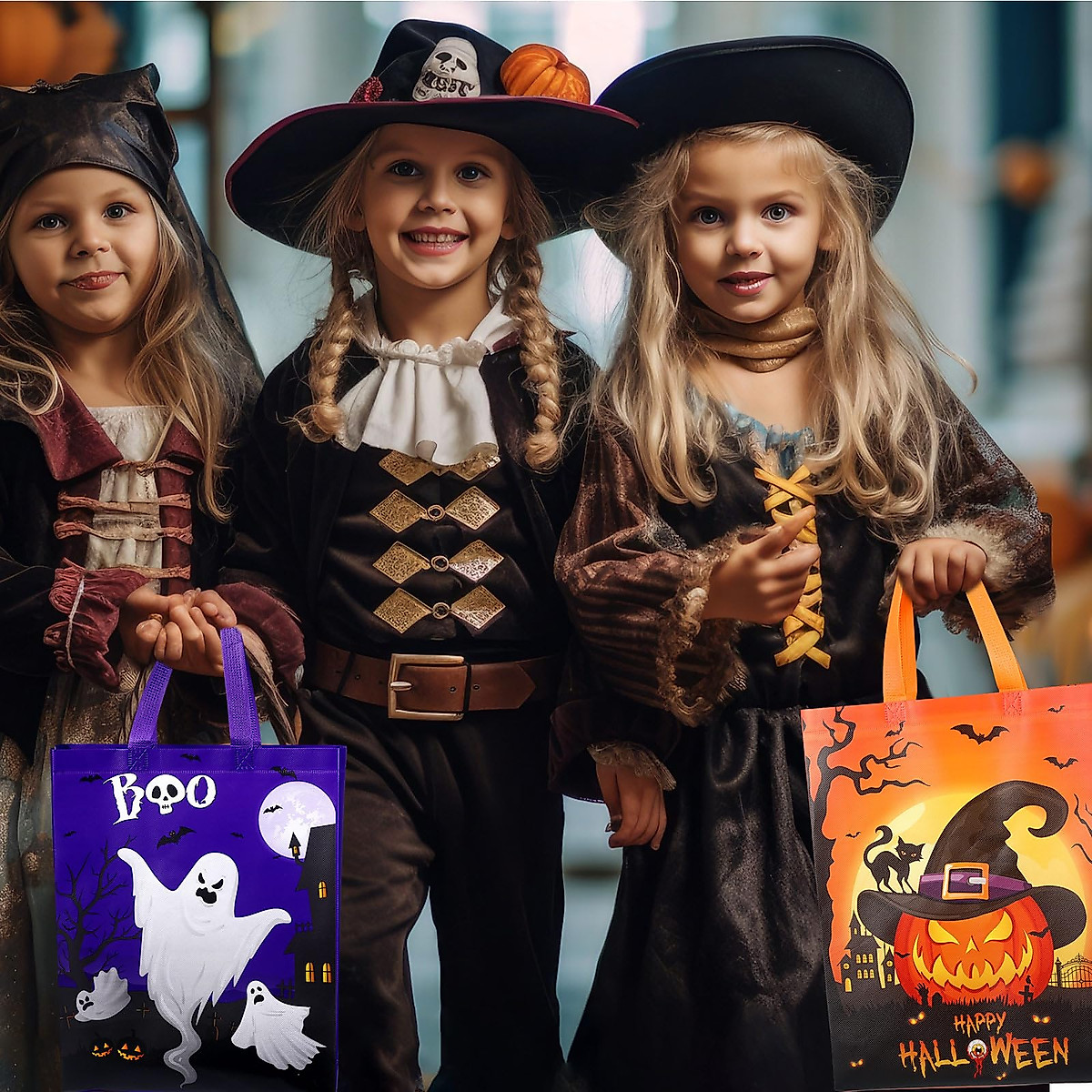 Paterr 30 Pcs Large Halloween Trick or Treat Bags Multifunctional Non Woven Halloween Tote Bags with Handles 6 Patterns Design Halloween Bags for Candy Wrapping Party Supplies, 11.8'' x 3.1'' x 15''