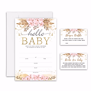 Baby Shower Invitations, Diaper Raffle Tickets and Baby Shower Book Request Cards, Blush Pink Boho Floral Baby Gender Reveal Party Supplies, Gender Neutral Baby Shower Decorations - 25 Sets(YQKTZ-019)