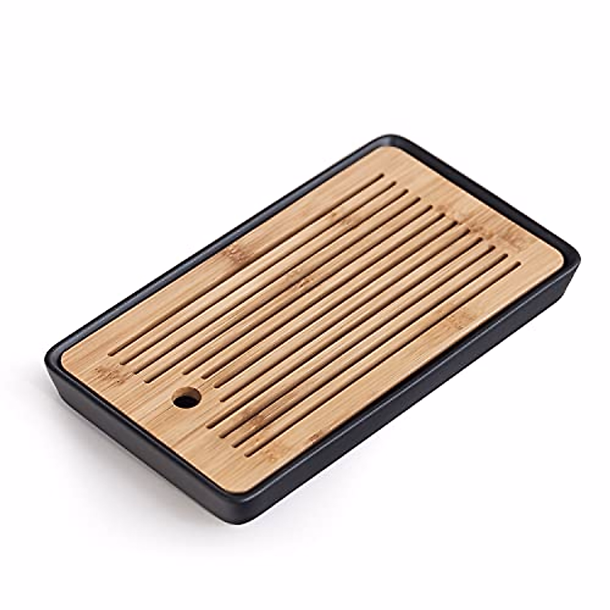 Ceramic Tea Tray, Double-Layer Bamboo Tray, for Tea Table (Rectangle, Black)