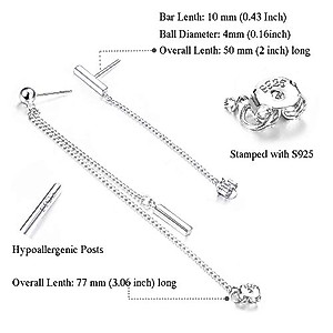 Milacolato 925 Sterling Silver Chain Earrings 14K Gold Plated Chain Dangle Bar Earrings Hypoallergenic Stud Earrings with Long Drop Threader Chain for Women