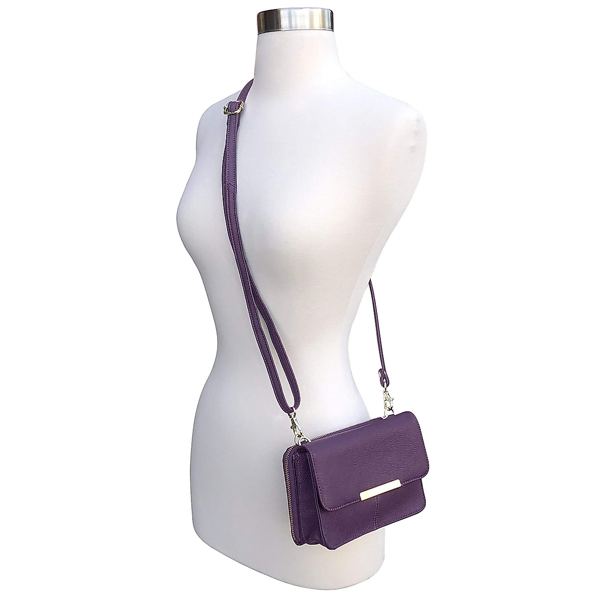 Roma Leathers Mini Leather Cross Body Purse - Premium Purple Embossed Cowhide Leather - Backside Detachable Wallet - Adjustable and Removable Shoulder Strap - Designed in USA