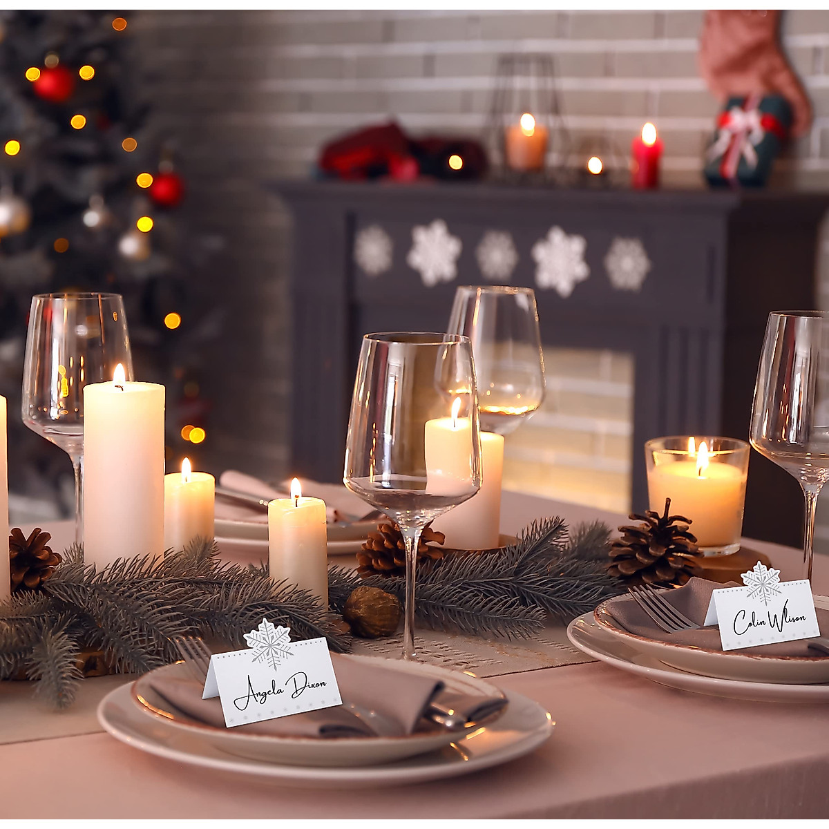 Gift Boutique 100 Pack Christmas Cards Holiday Seating Name Card Die Cut Xmas Snowflake Table Setting Folded Paper Tent Cards for Winter Wonderland Dinner Wedding Tables Party Decorations 2" x 3.5"