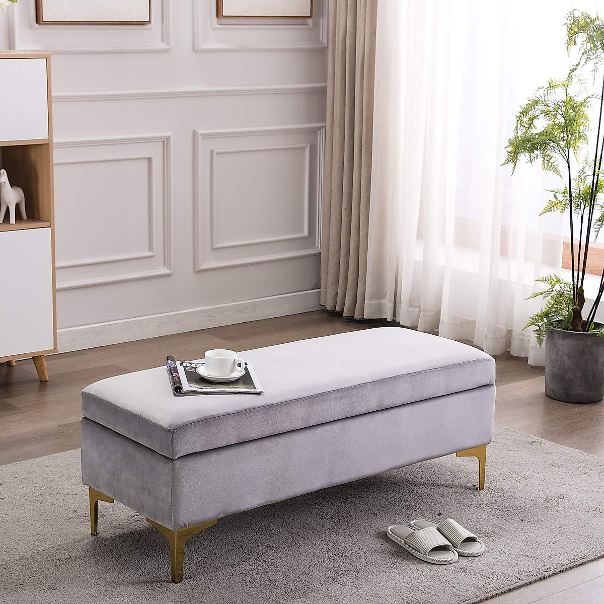 DAGONHIL Rectangular Ottoman, Velvet Upholstered Storage Bench,Foot Stool Lift Top for Living Room (Gray)