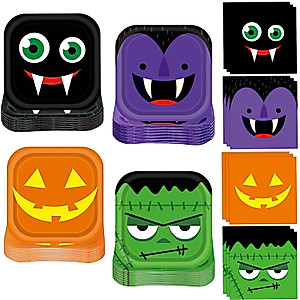 Halloween Plates and Napkins Set Halloween Party Supplies 4 Design Pumpkin Vampire Bat Disposable Plates Tableware Decor for Spooky Themed Party Birthday Holiday Dinner Decorations, Serves 52 Guests