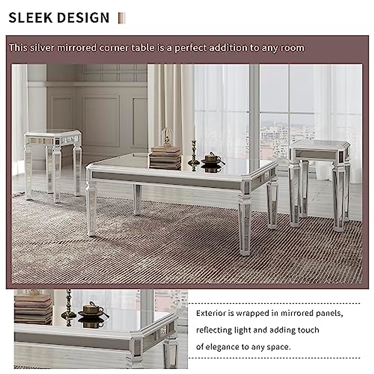 Harper & Bright Designs 3 Piece Coffee Table Set for Living Room Sofa Table Set Glass Mirrored Coffee Table Set of 3 with Adjustable Height Legs, Moderate Luxury Center Table for Living Room, Silver