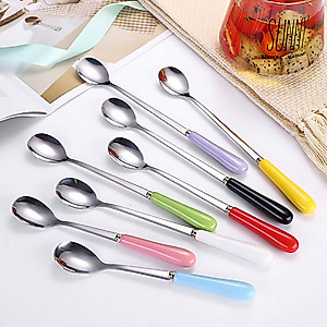 Goeielewe Set of 8 Dinner Spoons, Stainless Steel Iced Teaspoon with Ceramic Handle Soup Tablespoons Espresso Candy-Colored Coffee Spoons Mixing Spoon 5.7-Inch Long - Mixed Color