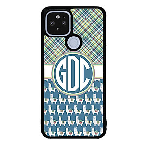 Green Blue and White Plaid Llama Monogram Black Rubber Phone Case Compatible With Google Pixel 8 Pro, 8a, 8, 7a, 7, Pixel 7 Pro, 6a, Pixel 6 Pro, 6, 5, 4a 5G, 4a 4G, 4, 4 XL, 3a, 3a XL, 3