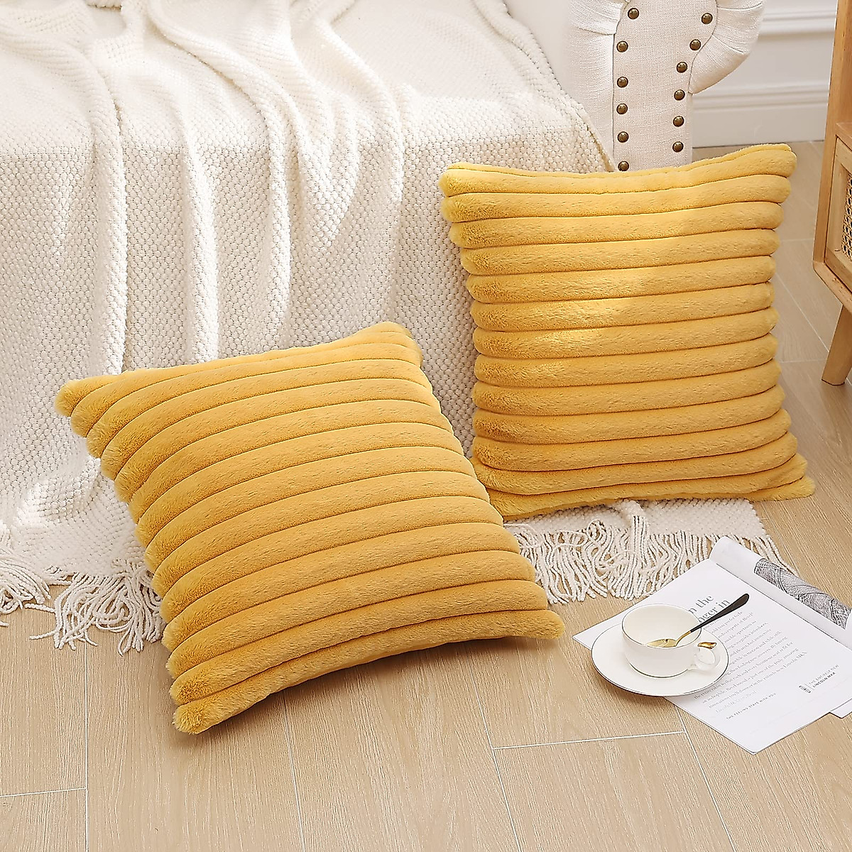 Pallene Faux Fur Plush Throw Pillow Covers 18x18 Set of 2, Luxury Soft Fluffy Striped Decorative Pillow Covers for Sofa, Couch, Living Room, Mustard Yellow