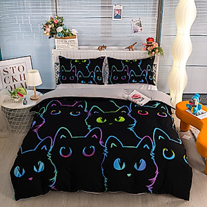 Cartoon Cat Comforter Cover Set King Size,Gradient Line Cat Bedding Set,Cute Cat Duvet Cover Set with Zipper for Teens Kids Boys Girls Adults Room Decor,1 Quilt Cover 2 Pillow Cases No Comforter,Black