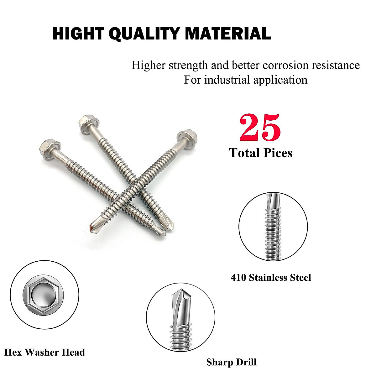 Yoliko #14 x 3" (1" to 3" Available) Hex Washer Head Self Drilling Screws, 410 Stainless Steel, Self Tapping Sheet Metal Tek Screws, 25 PCS