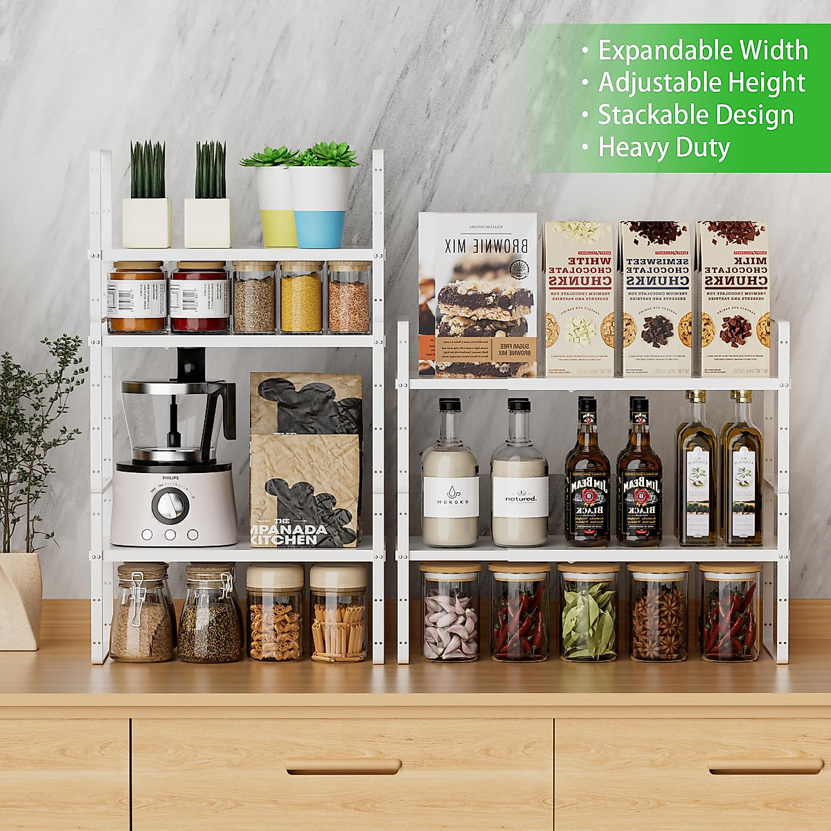 SOFRON Expandable Cabinet Storage Shelf Stackable Organizer Rack for Kitchen Bathroom Pantry Spice Cupboard Countertop Home Office Desk Heavy Duty Nonslip White Large 1 Pack