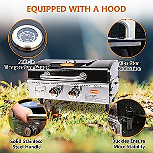 Hisencn Portable Flat Top Grill Propane Gas Grill for Outdoor, Camping, Tabletop, Kitchen, Tailgating, RV - 348 sq. in. Heavy Duty & 24000 BTUs Griddle for BBQ Grill, 22 Inch with Hood, with Carry Bag