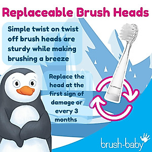 brush-baby WildOnes Kids Electric Rechargeable Toothbrush Penguin, 1 Handle, 3 Brush Heads, USB Charging Cable, for Ages 0-10 (Penguin)