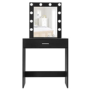 Reettic Makeup Vanity Table with Lighted Mirror, Vanity Desk with Drawers, Bedroom Dressing Table,9 LED Blubs & Adjustable Brightness, for Women, Mother, Girls, Black RSZT102B