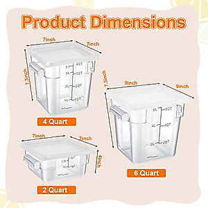 Suclain 6 Pcs Square Food Storage Container with Lid Set 2Qt 4Qt 6Qt Clear Commercial Container with Scales Handles for Home Restaurant Kitchen Proof Dough Marinating Meat, Polycarbonate(White)
