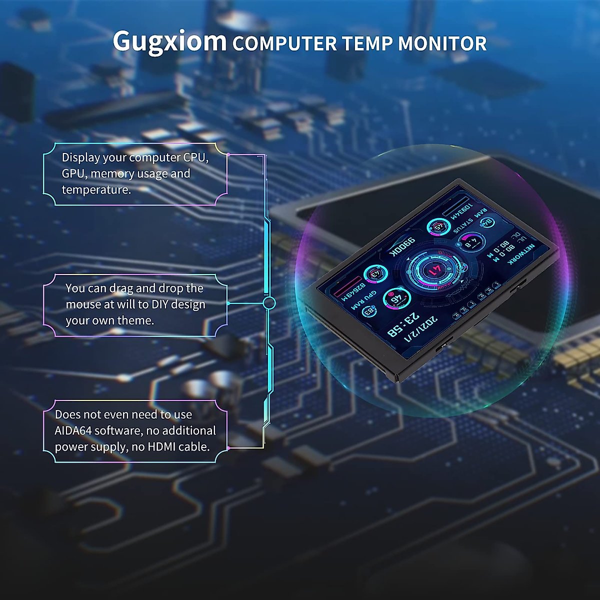 Gugxiom 3.5" Computer Temp Monitor, 320×480 IPS Full Viewing Angle 360° Rotatable PC Temperature Display Screen, CPU Hardware Temperature Monitor for Windows Only