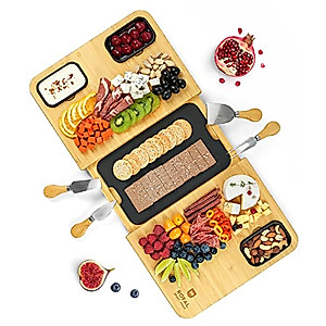 Extra Large Bamboo Charcuterie Boards - Large Charcuterie Board Set w/ 3 Sauce Bowls, 4 Knives & Slate Plate - Unique Cheese Board & Serving Tray with Charcuterie Accessories - Ideal Housewarming Gift