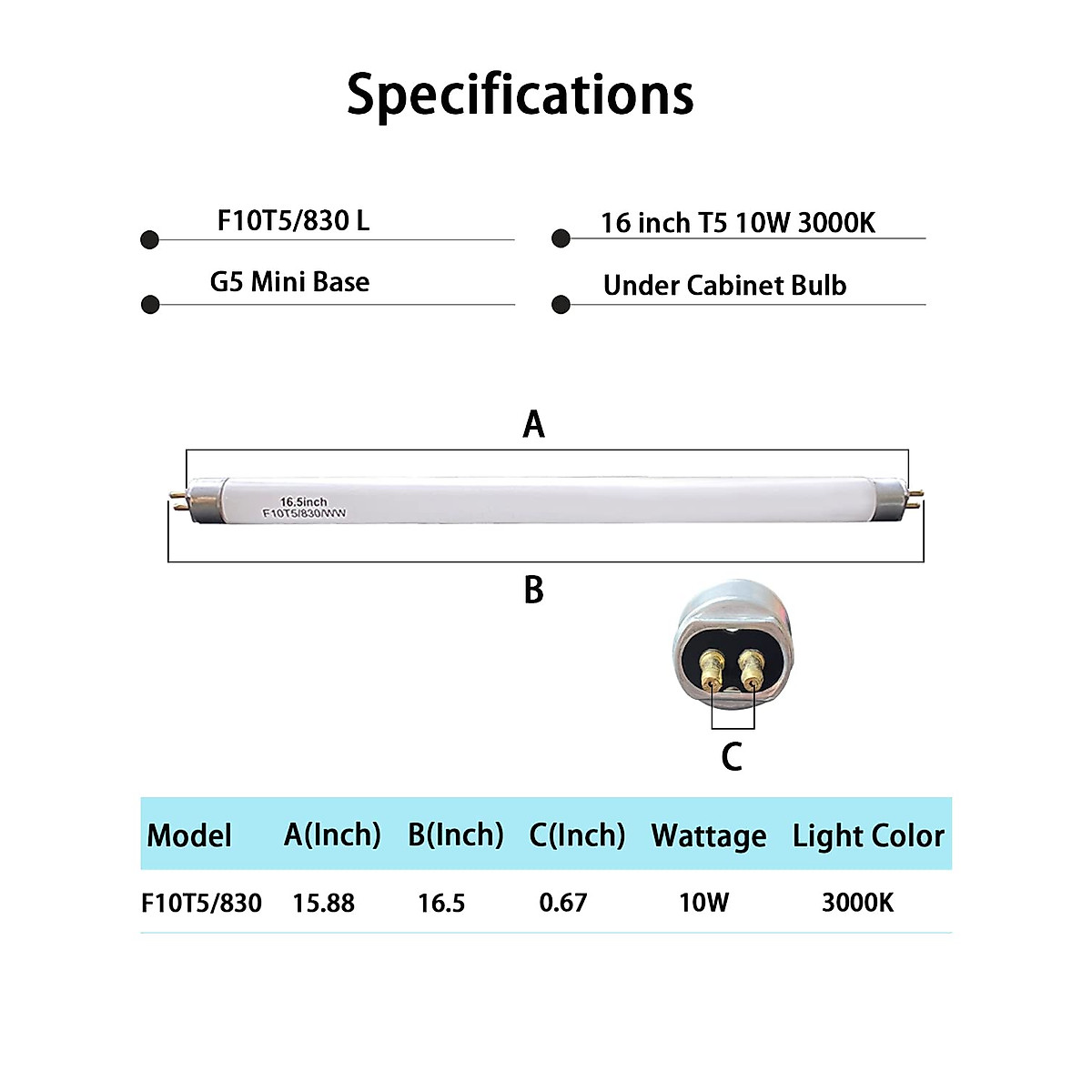 3 Pack 16" F10T5/830/L Fluorescent Light Bulb Replacement for Jasco,Philips,Linear T5 10W 3000K Warm White Bulbs,G5 Miniature Bipin Base