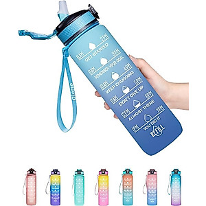 Giotto 32oz Large Leakproof BPA Free Drinking Water Bottle with Time Marker & Straw to Ensure You Drink Enough Water Throughout The Day for Fitness and Outdoor Enthusiasts-Ombre Orange Green